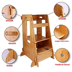 Learning Tower, Bamboo Height Adjustable Toddler Tower, Professional Toddler Kitchen Stool Helper, Kitchen Helper Stool for Toddlers, The Toddler Step Stool with Painting Tools.