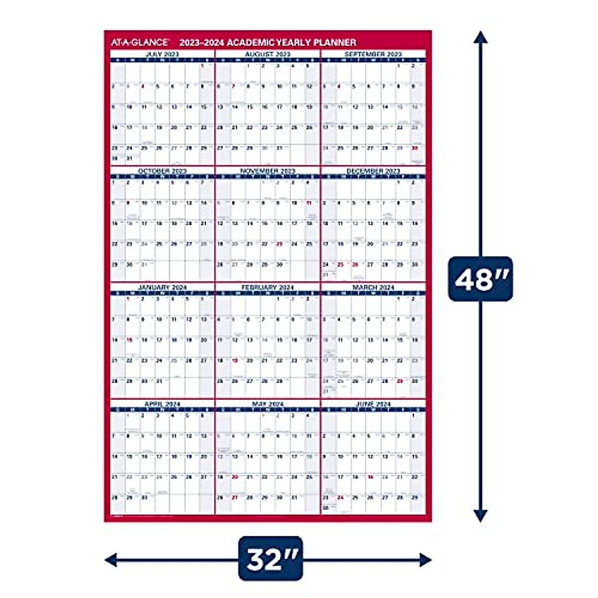AT-A-GLANCE 2023-2024 Erasable Calendar, Wall Calendar, 32" x 48", XLarge, Academic, Dry Erase, Reversible, Vertical/Horizontal (PM36AP28)