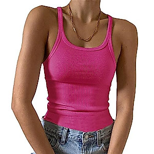 Artfish Women's Sleeveless Full Tank Top Form Fitting Scoop Neck Ribbed Knit Basic Tight Fitted Cami Neon Hot Pink 80s S