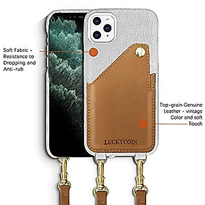 LUCKYCOIN for iPhone Xs Max Premium Fabric Top Grain Real Leather Slim Crossbody Phone Case with Card Holder Card Slot Adjustable & Detachable Leather Strap for Apple iPhone Xs Max 6.5 inch White