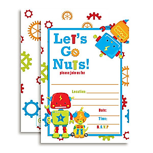 Robot Birthday Party Invitations, 20 5x7 Fill In Cards with Twenty White Envelopes by AmandaCreation …