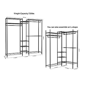 XIOFIO Heavy Duty Wire Garment Rack, Metal Clothing Rack with 4 Hanging Rods and 9 Shelves, Freestanding Open Wardrobe Organizer for Hanging Clothes , 68.5"L x 16.5"W x 76.7"H Max Load 800LBS, Black