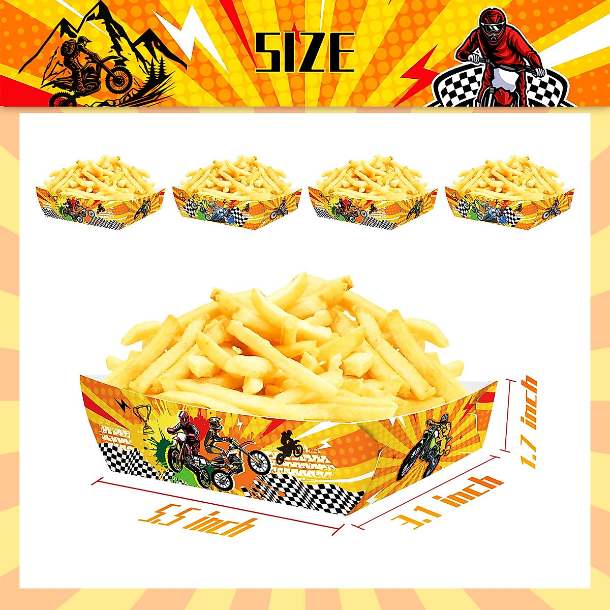 Heidaman Dirt Bike Paper Trays, 12pce, Yellow, Disposable, Motorcycle Design, Birthday Party Supplies