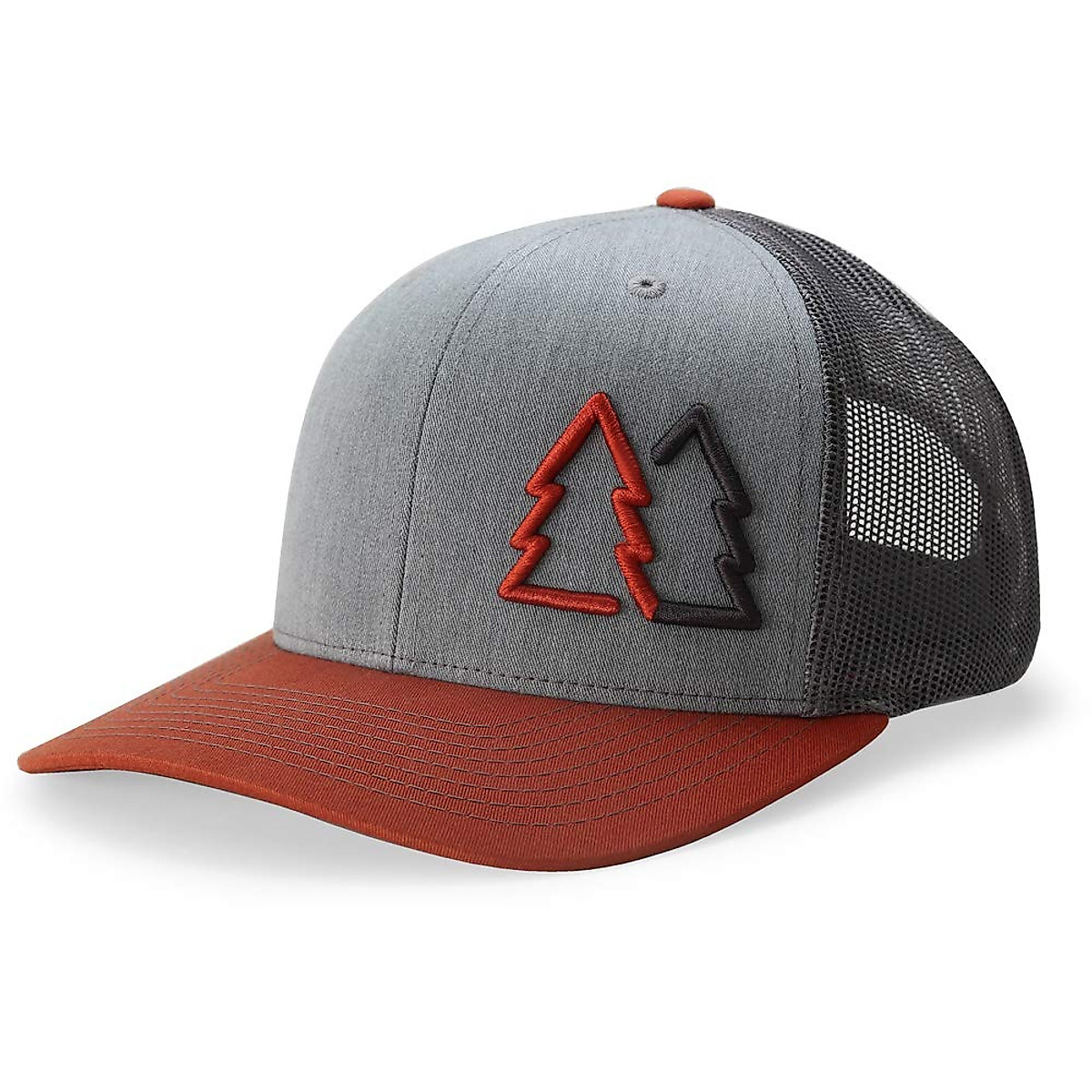 WUE Simple Pine Trees Trucker Hats for Men Adjustable Snapback Mesh Cap Great for Outdoors (Heather/Orange/Charcoal)