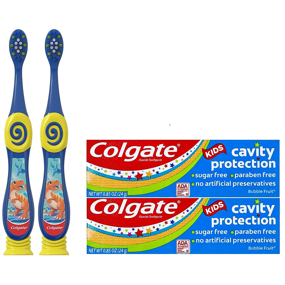 Colgate Dinosaur Toothbrush for Children with Suction Cup, Kids 2-5 Years Old, Extra Soft - 2 Coun & Kids Cavity Protection Fluoride Toothpaste, Bubble Fruit Flavor, 0.85oz - Pack 2