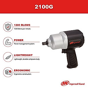 Ingersoll Rand 2100G 1/2" Air Impact Wrench, 550 ft-lb Torque, Friction Ring Retainer, Pistol