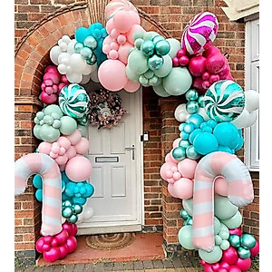 Enanal Pink Christmas Balloon Garland Arch Kit, 146pcs Pastel Pink Green Metallic Red Green Balloons with Candy Cane Gingerbread Foil Balloons for Christmas New Year Party Decoration (Pink)
