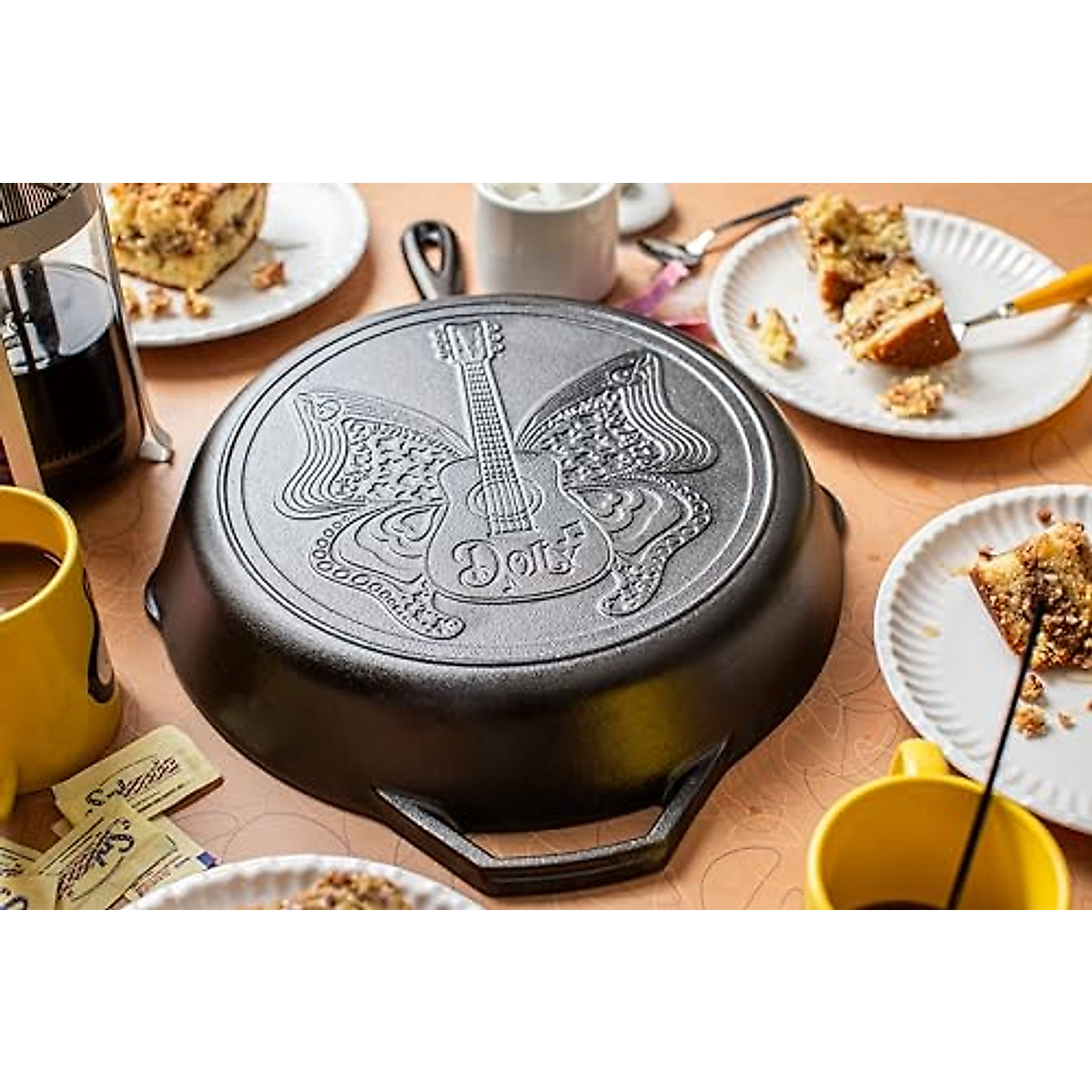 Lodge 12 Inch Dolly Parton Pre-Seasoned Cast Iron Stamped Skillet - Signature Teardrop Handle - Use in the Oven, on the Stove, on the Grill, or Over a Campfire, Black