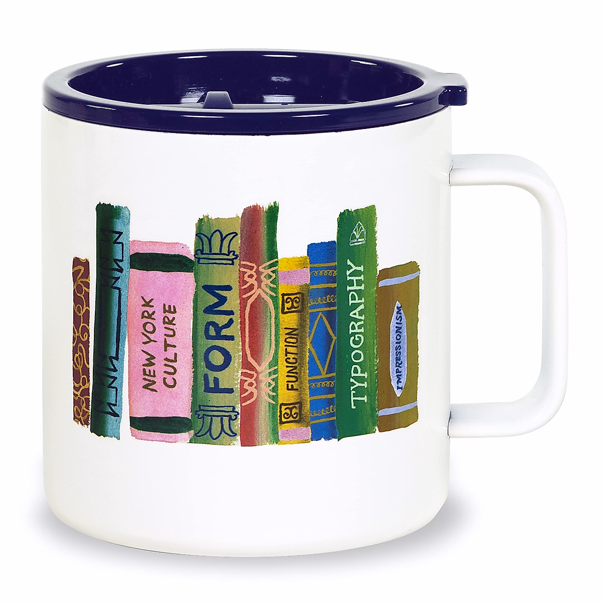 Kate Spade New York Stainless Steel Insulated Mug with Handle and Lid, 16 Ounce Double Wall Tumbler, Reusable Coffee Travel Mug for Hot and Cold Drinks, Bookshelf