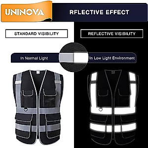 UNINOVA High Visibility Safety Vest - Multi Pockets Reflective Mesh Breathable Workwear, ANSI/ISEA Standards (Extra Large, Black Mesh)