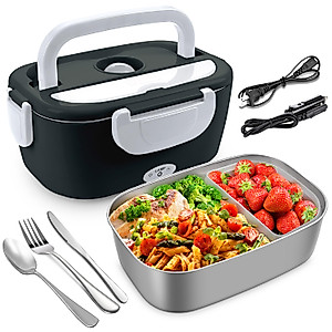 Electric Lunch Box Food Heater for Car Home Work, 12V 24V 110V 60W Faster Portable Food Warmer Heated Lunch Box for Adults, Removable 304 Stainless Steel Container 1.5L, Leak Proof, SS Fork & Spoon