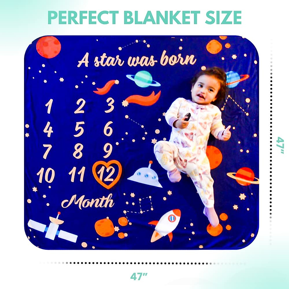 NOOL BABY PRODUCTS Baby Monthly Milestone Blanket w/Heart Frame, White Ribbon, Bonus Gift Card |Newborn Photo Prop with Growth Tracker | Cute, Large (47” x 47 “), Soft, Gender Neutral, boy, Girl