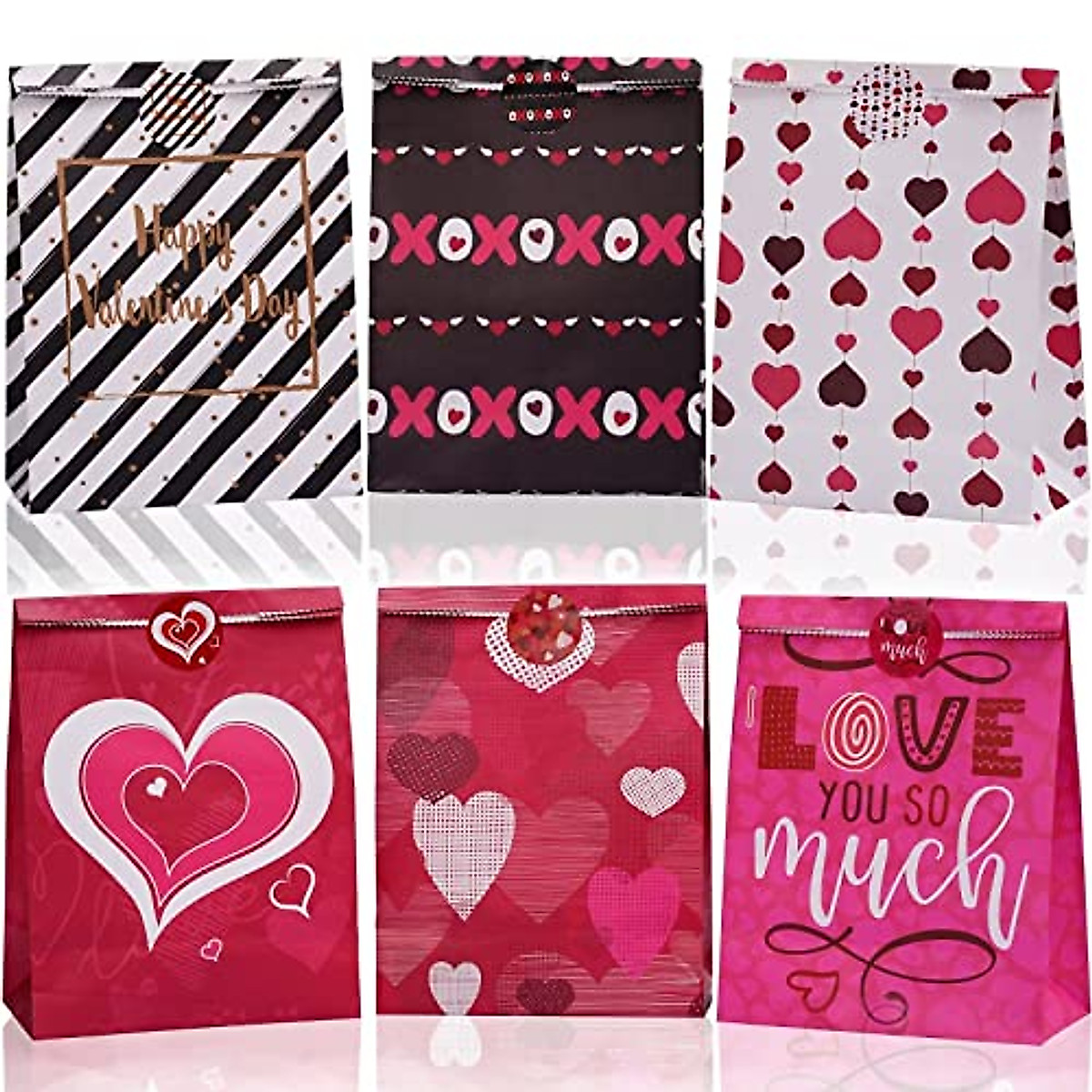 SCIONE 24 Pcs Valentines Day Gift Bags, Valentines Party Favors Bags with Stickers, Classroom Gift Exchange Giving Goody Bags Candy Treat Bags for Gift Wrapping