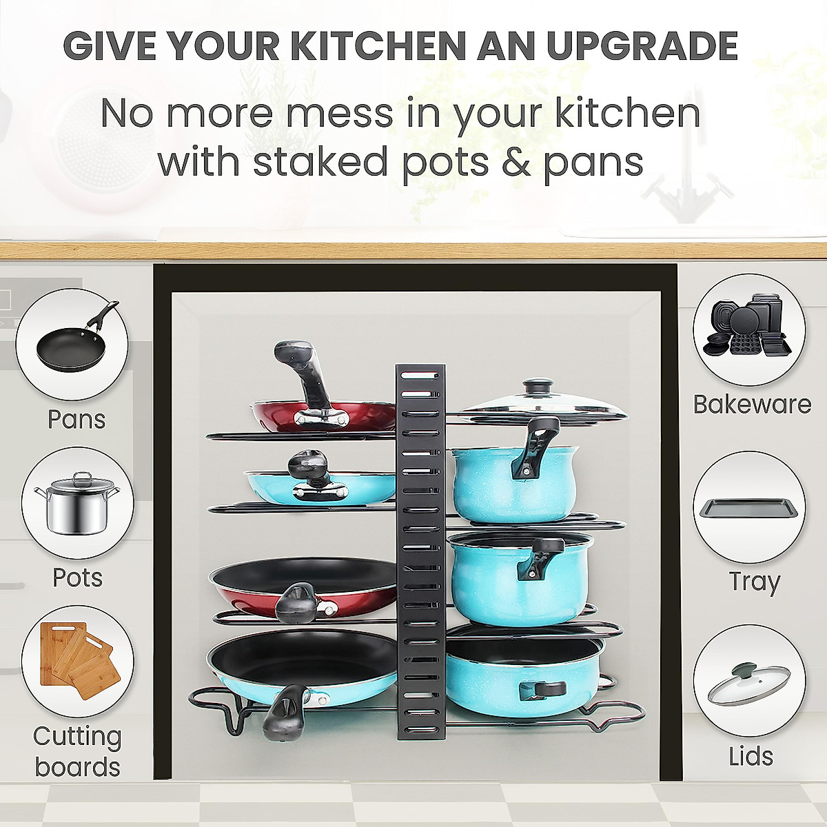 Generic 8 Tier Pot And Pan Organizer For Cabinet - Sturdy Iron Base, Easy Assembly, 8 Adjustable Tiers, Clears Countertops