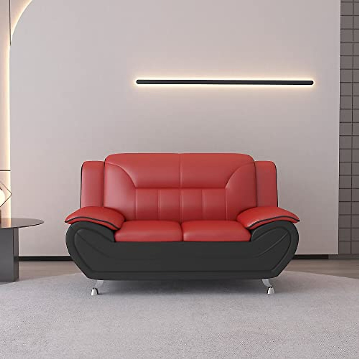 Container Furniture Direct S5732-L Modern Style Faux Leather Loveseat with Extra Comfortable Pillow Top Armrests Ideal for Living Room, Bedroom or Home Office Couch, 61.3’’ Wide, red/Black