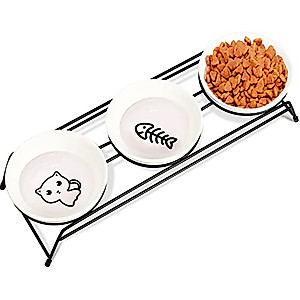 3 Cat Food Bowls Ceramic 13 oz Upgraded with Stainless Steel Stand Non-Slip and Anti-Rust Elevated Raised Cat Bowls for Food and Water, Pet Dishes Bowl for Indoor Cats and Puppy, Dishwasher Safe