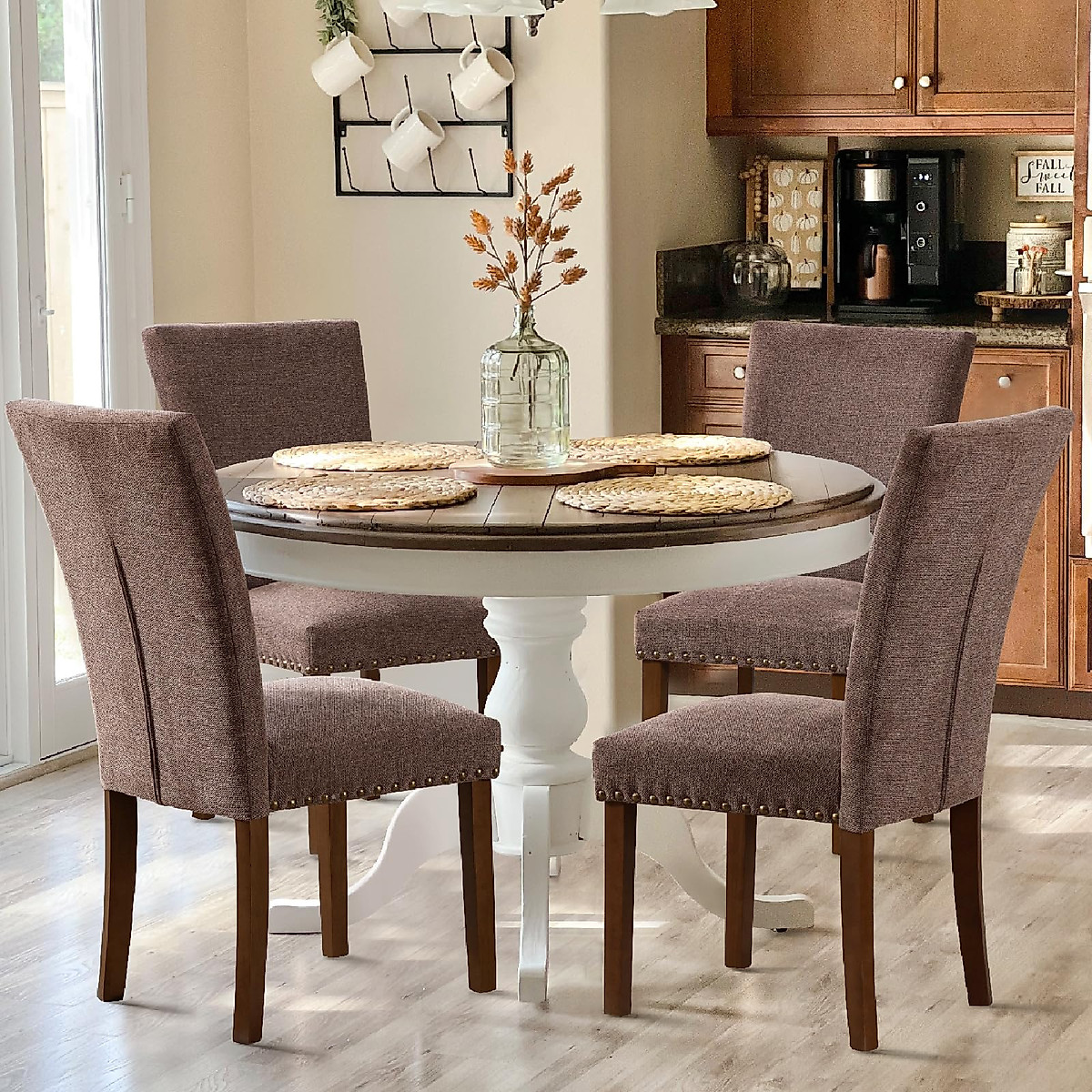 COLAMY Upholstered Parsons Dining Chairs Set of 4, Fabric Dining Room Kitchen Side Chair with Nailhead Trim and Wood Legs - Brown