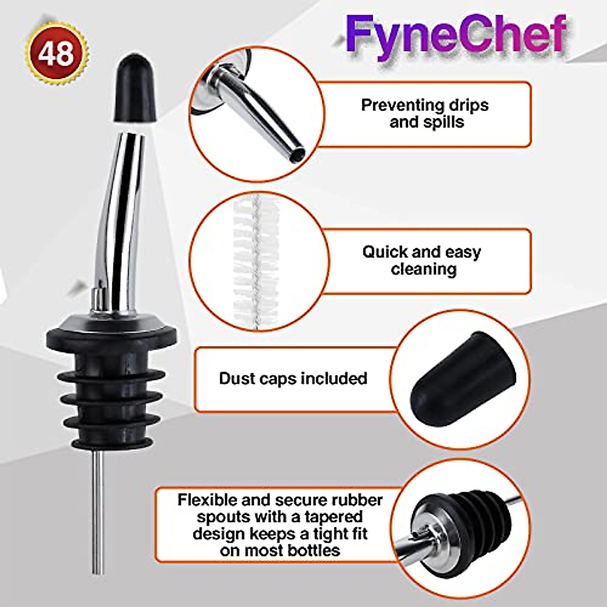 XMSound 48 Pack Stainless Steel Classic Bottle Pourers with Rubber Dust Caps，For Alcohol Spouts Bottle Spout Liquor Bottle Pourers Pour Spouts，For Liquor Bottles Liquor Pourers liquor dispenser bar