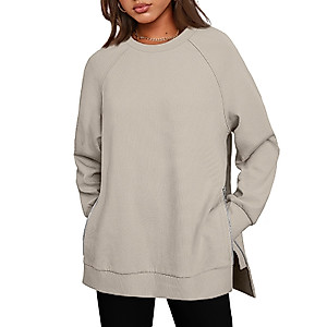 EFAN Womens Oversized Sweatshirts CrewNeck Pullover Soft Y2K Hoodies 2025 Fall Outfits Zipper Teen Girls Clothes Sweaters CreamGrey M