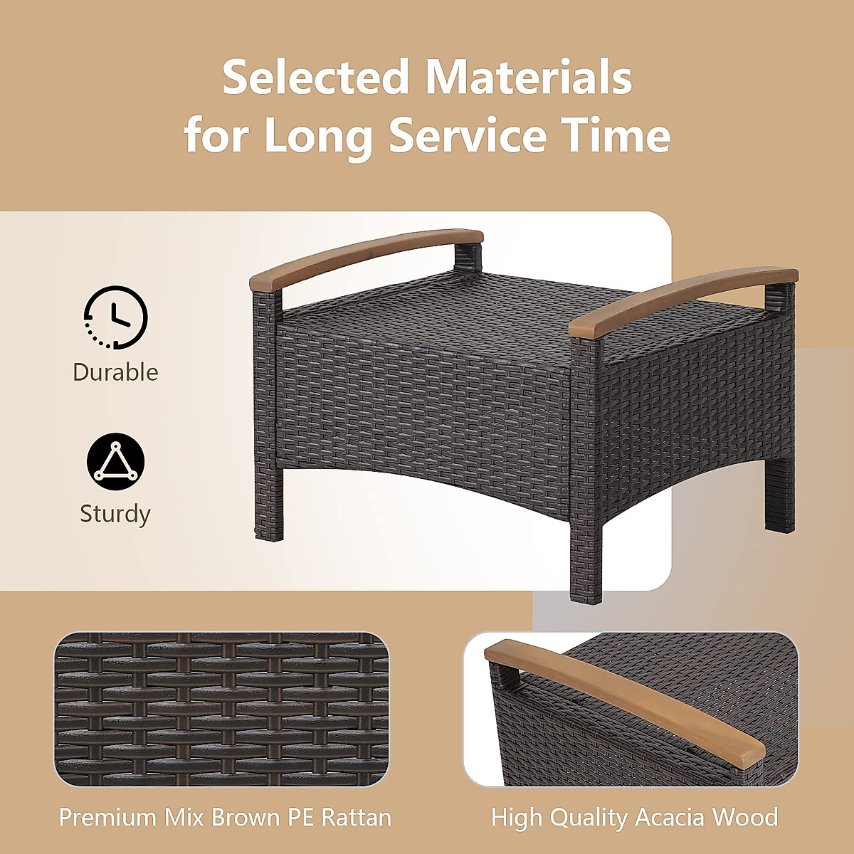 RELAX4LIFE Outdoor Wicker Ottomans for Patio - 2 Pieces PE Rattan Ottoman, Footrest Seat with Zippered Cushions, Acacia Wood Handles, 3-in-1 Footstool, Side Table for Poolside, Backyard (Brown)