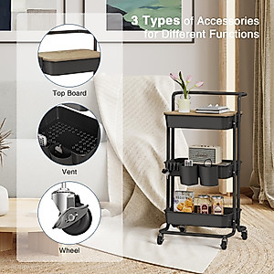 DTK 3 Tier Utility Rolling Storage Cart with Cover Board, Handle and Locking Wheels, 2 Small Baskets and 4 Hooks for Bathroom Office Balcony Living Room(Black)