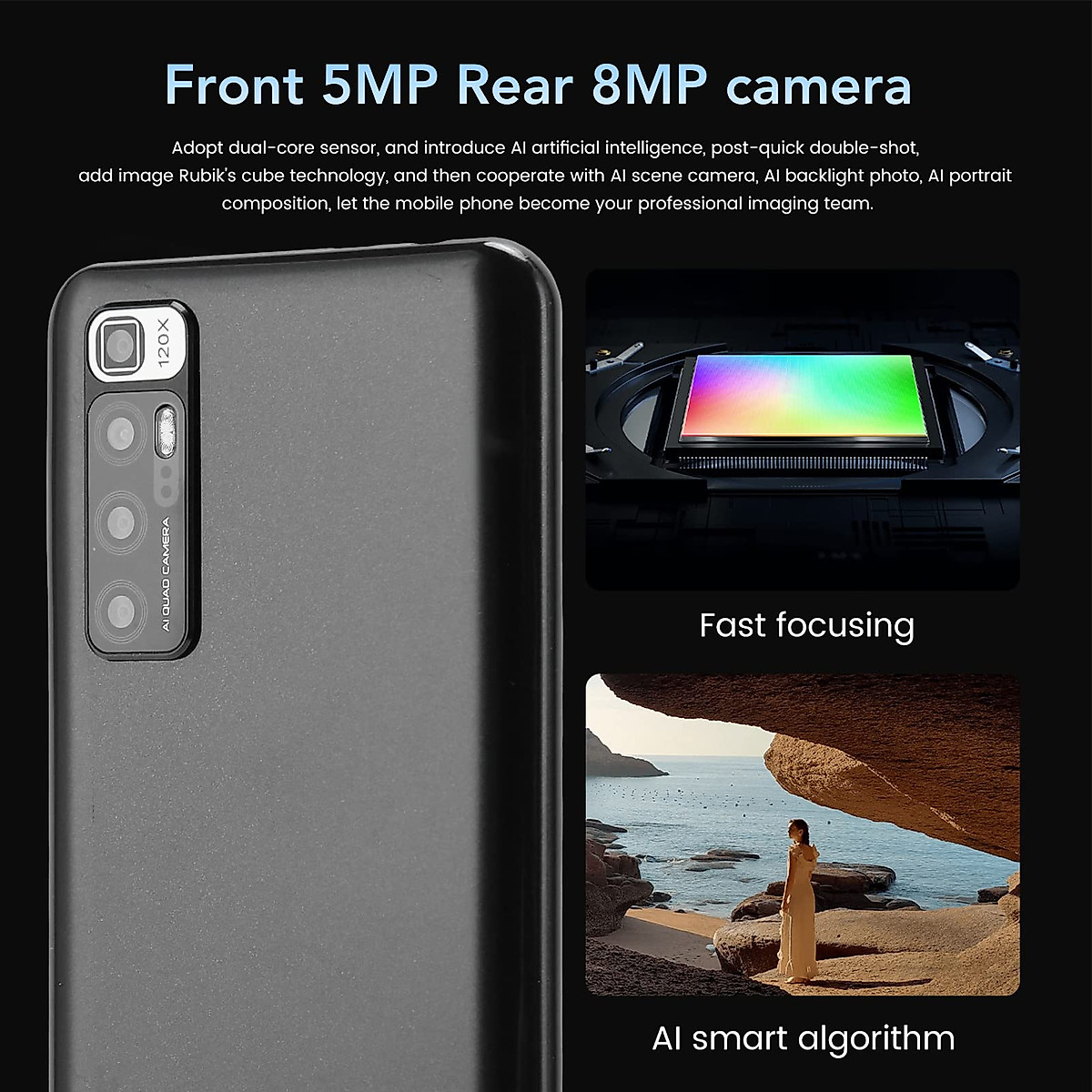 GOWENIC 5in Cellphone for Android11 2.4G 5G WiFi 5MP Front 8MP Rear Camera 4800mAh MT6580 8 Core 2GB RAM 16GB ROM 100‑240V Black Smartphone