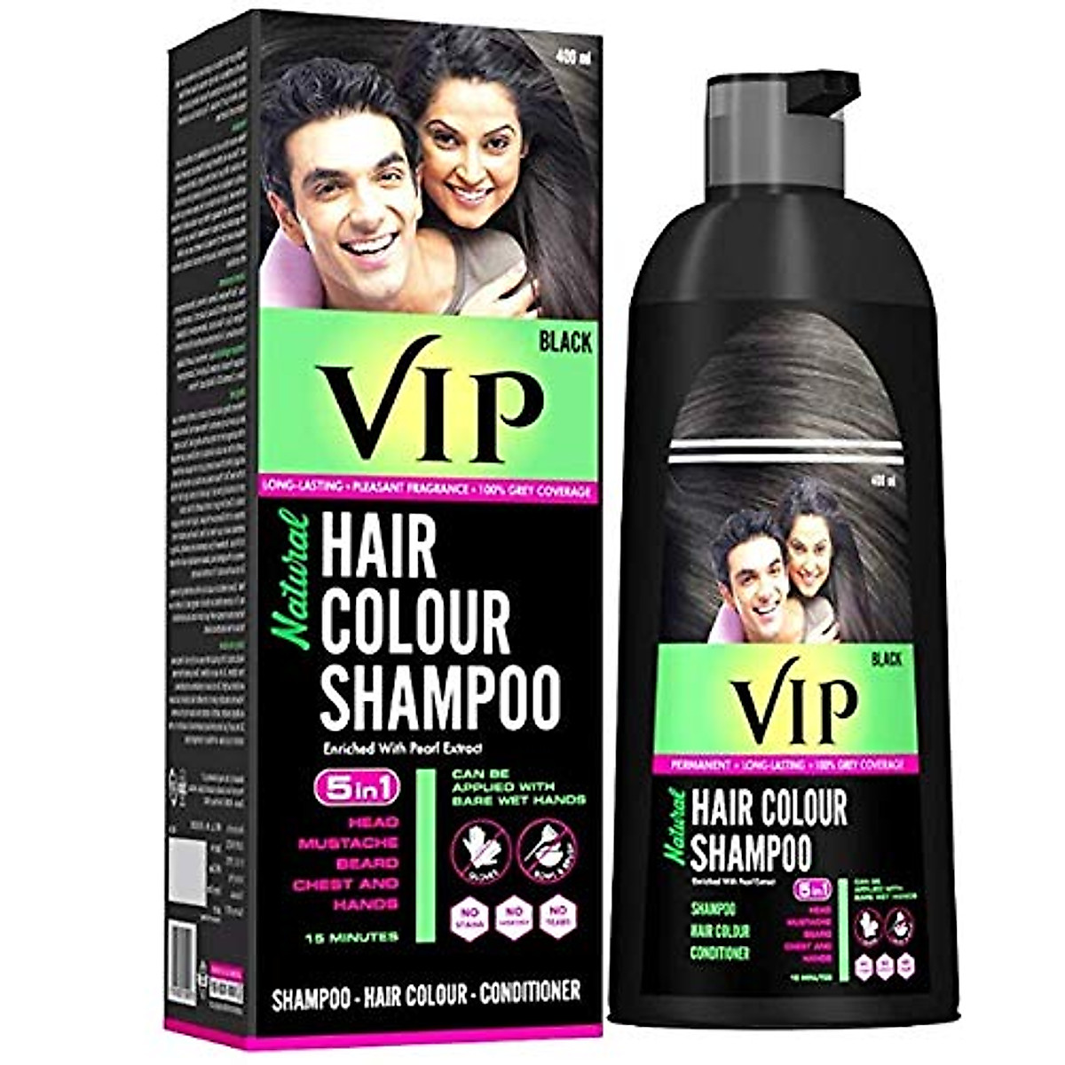 VIP 5 in 1 Hair Color Shampoo (400ml Bottle + 2 Sachets) (black) For Hairs, Mustache, Beard, Chest & hands, Ammonia Free Instant Hair Colour Can be Applied with Bare Wet hands