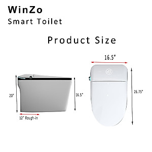WinZo Luxury Smart Toilet, 1.28 Intelligent Bidet Toilet with Auto Flush, Heated Seat with Warm Water and Dryer, Modern Tankless Design with Remote Control, Night Light, White