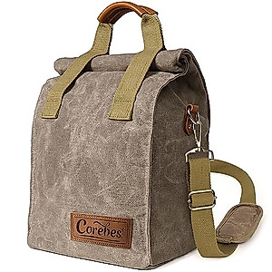 Corebes Insulated Lunch Bag for Men/Women, 11L Waxed Canvas Lunch Box with Adjustable Shoulder Strap & Double Hook-and-Loop Handles for Work Picnic Hiking