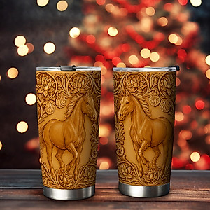 20oz Wooden Flower Horse Tumbler, Country, Equestrian Gifts for Horse Lovers, Coffee Thermos for Women, Men, Stainless Steel Double Wall Vacuum Insulated Coffee Mug, Travel Cup with Lid