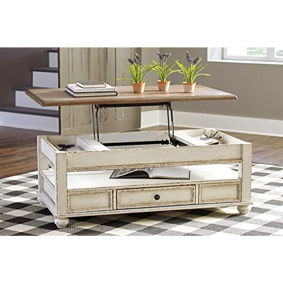 Signature Design by Ashley Realyn Vintage Farmhouse Rectangular Lift Top Coffee Table with Storage Drawer, White & Brown