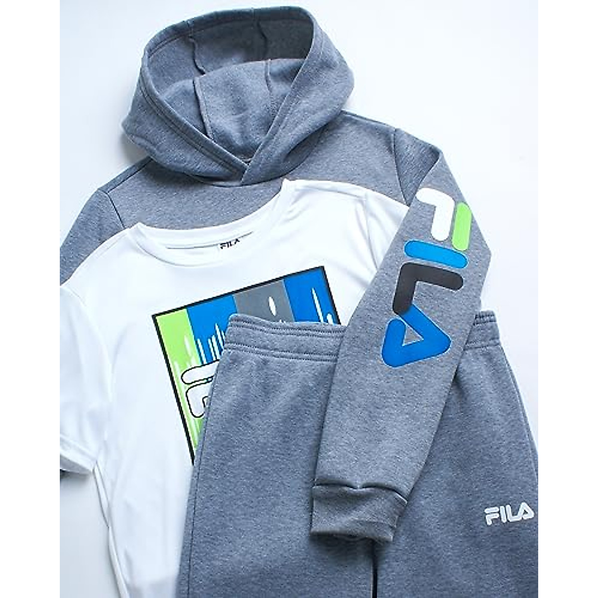 Fila Boys' Active Sweatsuit Set - 3 Piece Performance Hoodie Sweatshirt, Jogger Sweatpants, T-Shirt - Activewear Set (8-12), Size 8, Heather Grey