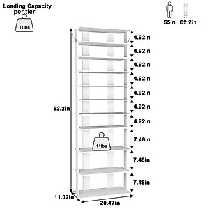 HOMEFORT 10-Tier Vertical Shoe Rack, Corner Shoe Tower, Double Rows 10 Tiers Shoe Shelf, Slim Shoe Storage Unit for 20 Pairs of Shoes, Shoe Stand for Entryway, Hallway, Closet (White)