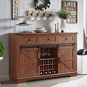 OKD Farmhouse Buffet Cabinet with Storage, 54" Sideboard w/ 3 Drawers, Sliding Barn Door, Wine and Glass Rack, Storage Shelves, Liquor Coffee Bar Cupboard for Kitchen, Dining Room, Reclaimed Barnwood