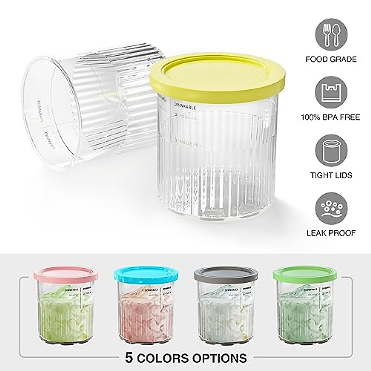 SAMTURUI Ice Cream Containers 24oz Replacement Pints and Lids for Ninja Creami 4 Pack, Compatible with Ninja NC501 NC500 Series/Deluxe Ice Cream Maker, BPA-Free, Dishwasher Safe, Leak Proof