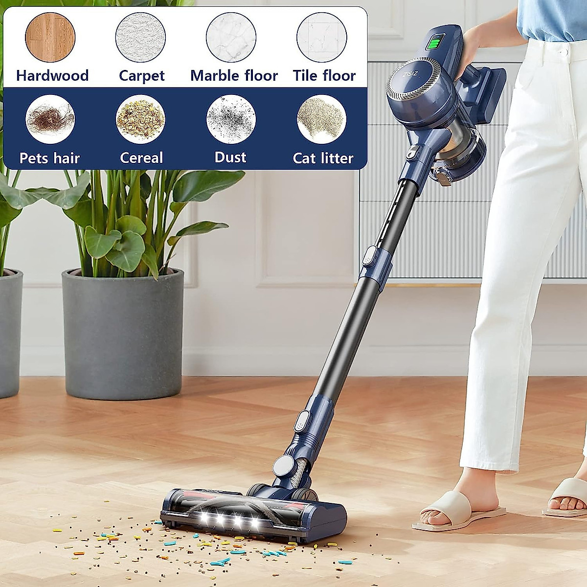Cordless Vacuum Cleaner, ZISIZ Stick Vacuum with Powerful Suction, 40Mins Rechargeable Vacuum, Lightweight Vacuum Cleaners for Home Pets Short Carpet