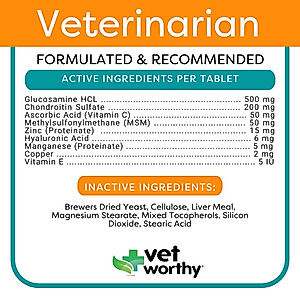 Vet Worthy Joint Support Level 2 Chewable Tablet | Supports Bone Health and Healthy Joints | Dog Supplement with Glucosamine, Chondroitin, MSM, Hyaluronic Acid | Liver Flavor 60 Count