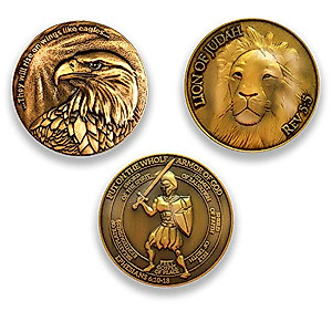 Logos Trading Post Antique Gold Plated Christian Challenge Coins | Eagle Coin, Lion of Judah Man of God Coin, Armor of God Coin | Value Variety Pack of 3 | Assortment 1