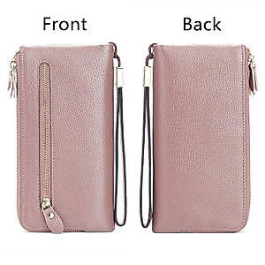 YALUXE Women's Genuien Leather Wristlet Wallets with Multi Card Slots Double Zipper Pocket