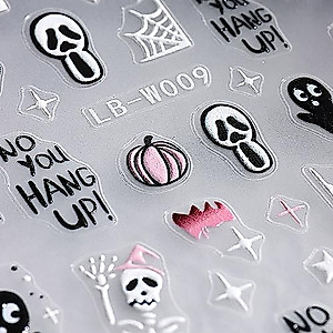 JMEOWIO 8 Sheets Halloween Nail Art Stickers Decals Self-Adhesive Pegatinas Uñas Pink Skull Cute Horror Ghost Spider Web Bat Pumpkin Spook Nail Supplies Nail Art Design Decoration Accessories