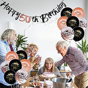 Happy 50th Birthday Banner Black Rosegold, 16 PCS 50th Birthday Decorations Kit with Happy 50th Birthday Banner Bunting 12 Inch Latex Confetti Balloons for Women 50th Birthday Party Decorations