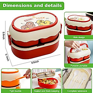 PUOENFGR Bento Lunch Box,Large Capacity Double Layer stacking with Handle with Adults,Microwave Can Be Used,Comes with Three-Piece Cutlery Set,BPA-Free,Great for Camping,Work(Moe Force Brown)