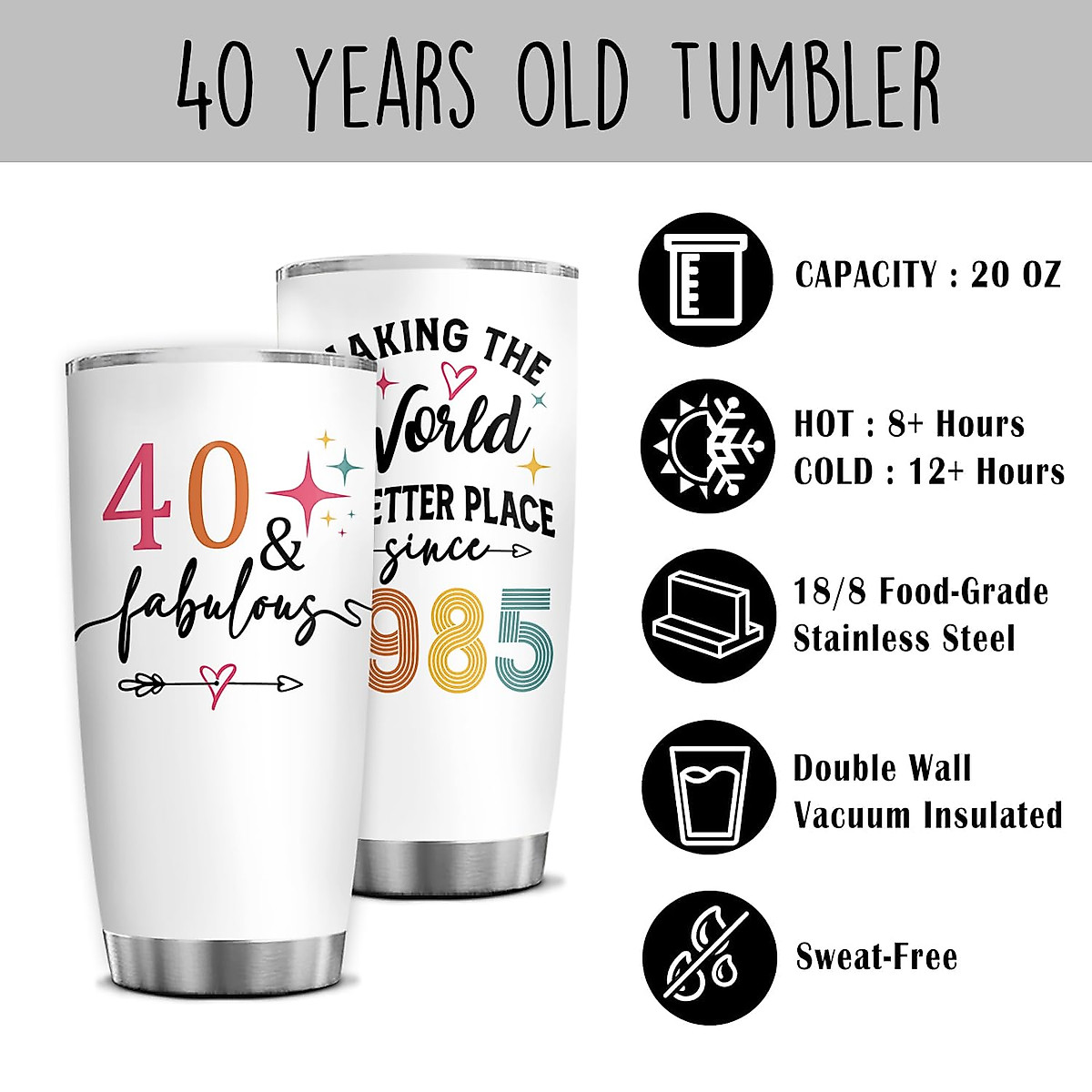 40Th Birthday 20 Oz Tumbler For Women, 40 And Fabulous Cup, 1985 Birthday Decorations - Forty Years Old Gifts For Lady, Mom, Aunt, Grandma, Wife, Sister - Funny 40-Year-Old Gift & Birthday Decoration