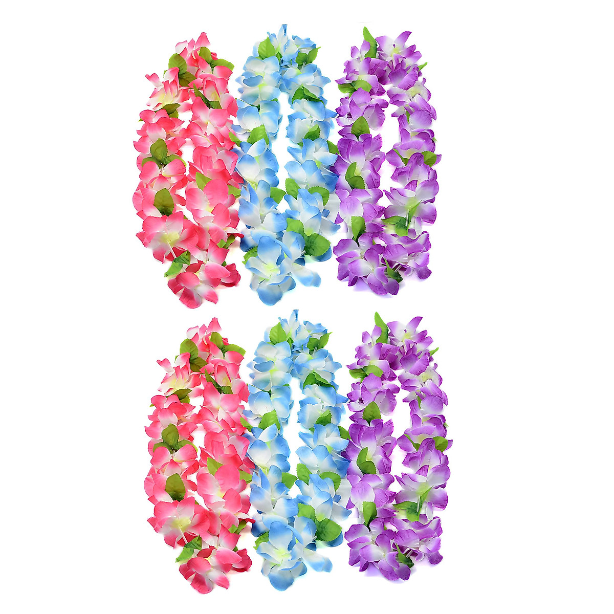 6 Pcs Thicken 41 Inch Hawaiian Leis with Green Leaves, 3 Color Lei for Graduation Party, Dance Party, Photo Prop in Outdoors(New 3 colors)