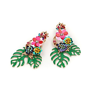 Lureme Colorful Segmented Leaf Dangle Earrings, Zinc Alloy, 2.09 in3.54 in5.3 in9.0 cm, Green