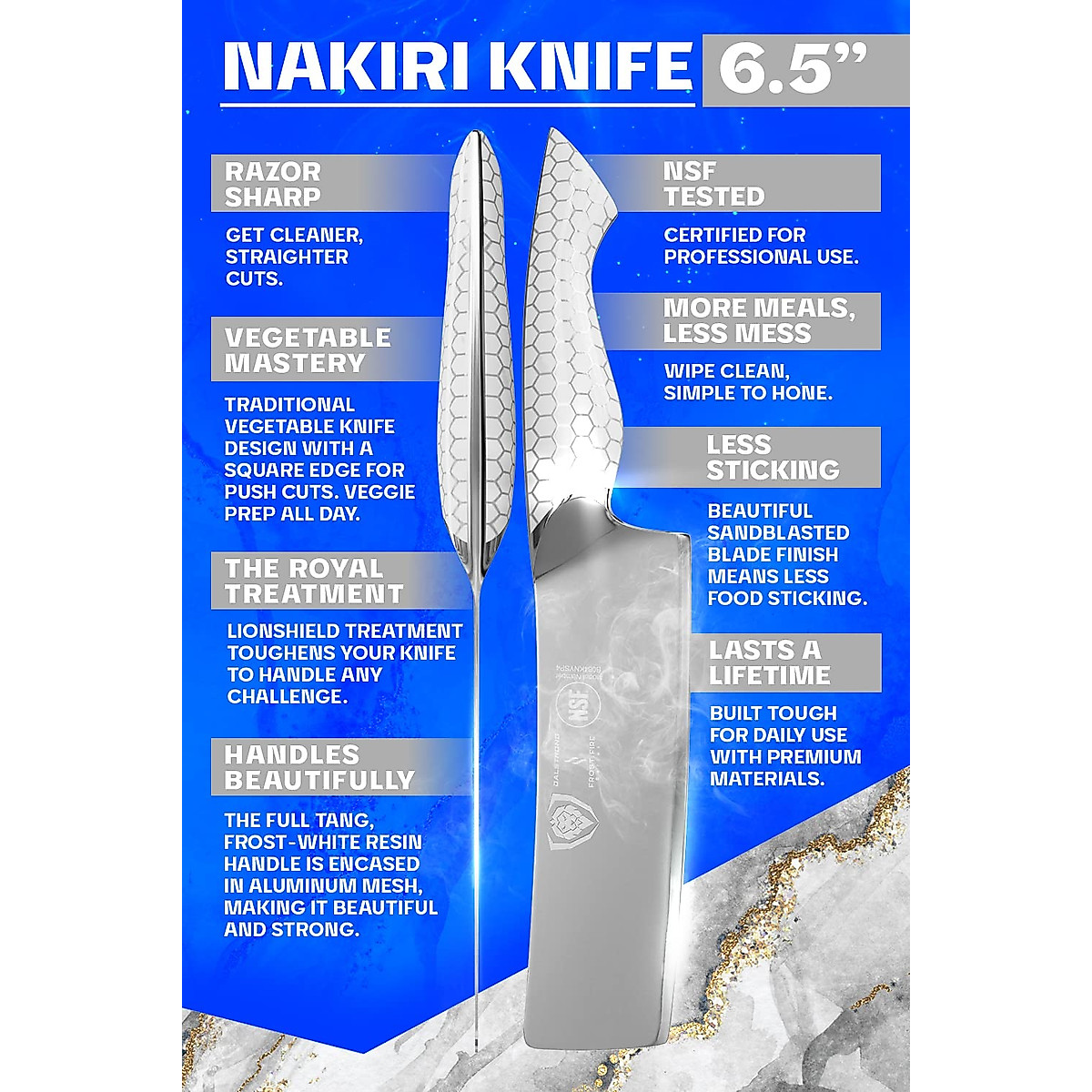Dalstrong Nakiri Knife - 6.5 inch - Frost Fire Series - High Chromium 10CR15MOV Stainless Steel Vegetable Knife - Frosted Sandblast Finish - White Honeycomb Handle - Leather Sheath - NSF Certified