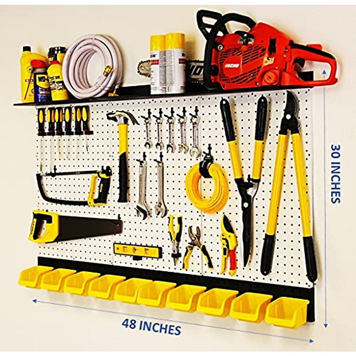 WALLPEG Pegboard Wall Organizer 48- inch Garage Pegboard Panel Organizer Utility Tool Storage Kit with Tool board Peg Hooks Accessories, Wall Mounted Storage Bins, Lawn Tool Rack Overhead Shelf (White Pegboard)