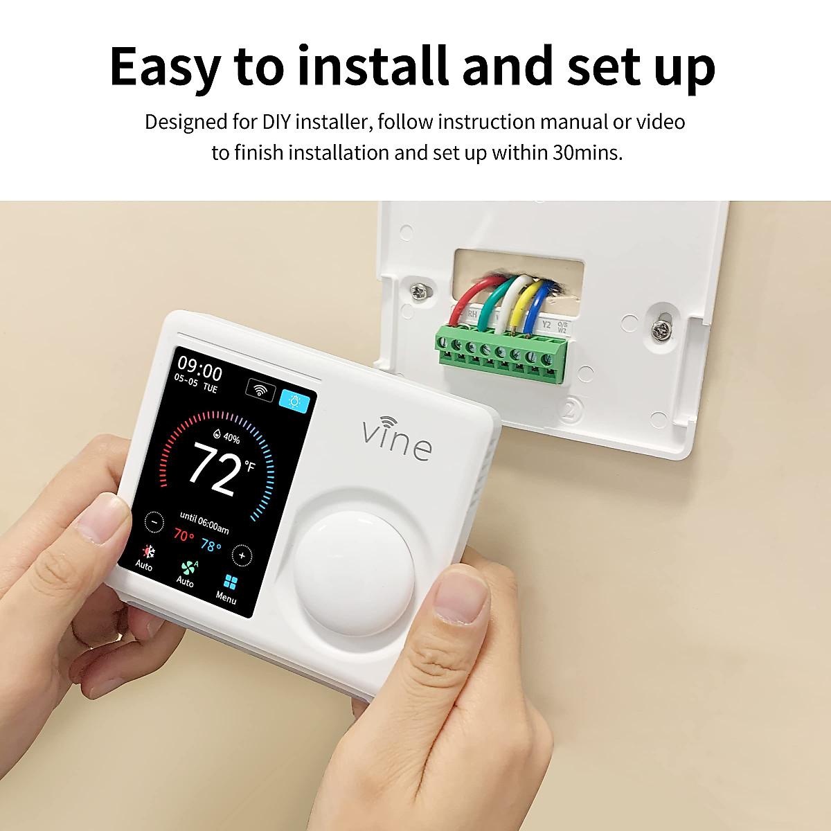 Vine TJ-610E Wi Fi 7 Day and 8 Period Programmable 5th Generation Smart Home Thermostat, Compatible with Amazon Alexa, Google Assistant, and Vine App