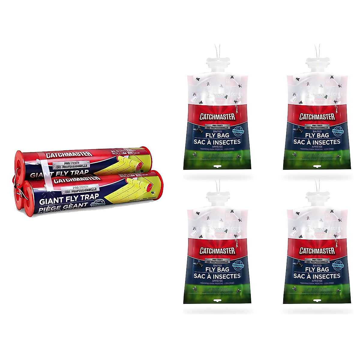 Catchmaster Outdoor Fly Trap Bundle, Giant Fly Glue Trap 3-Pack & Fly Bag 4-Pack, for Garage, Backyard, Pool, Patio & Camping