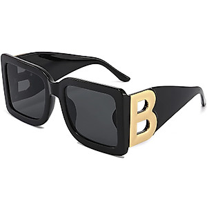 PORADAY Fashion Large Square Sunglasses for Women Men Trendy Black Thick Frame Luxury Designer Sun Glasses Modern Big Frame (Black Gold/Grey)